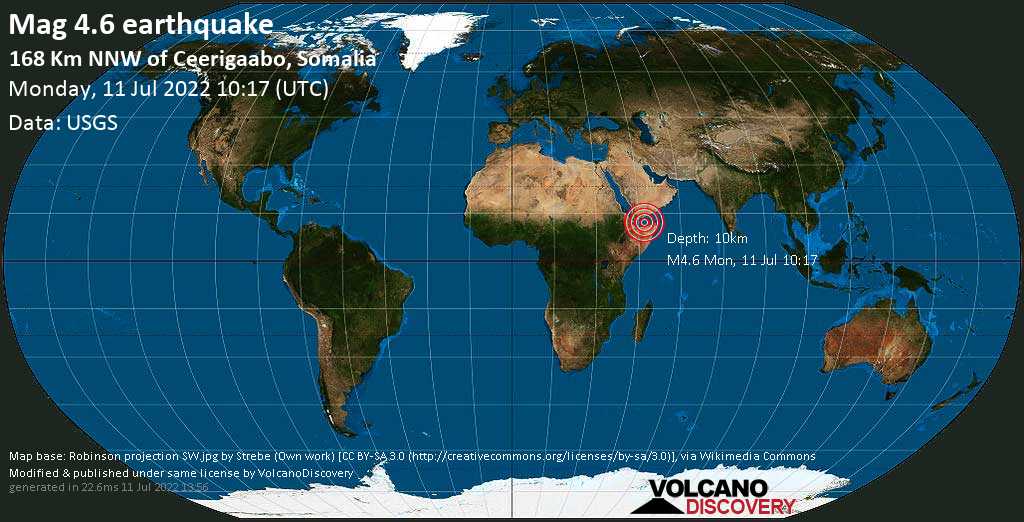 Moderate mag. 4.5 earthquake – 176 km north of Erigavo, Sanaag – The Warsan